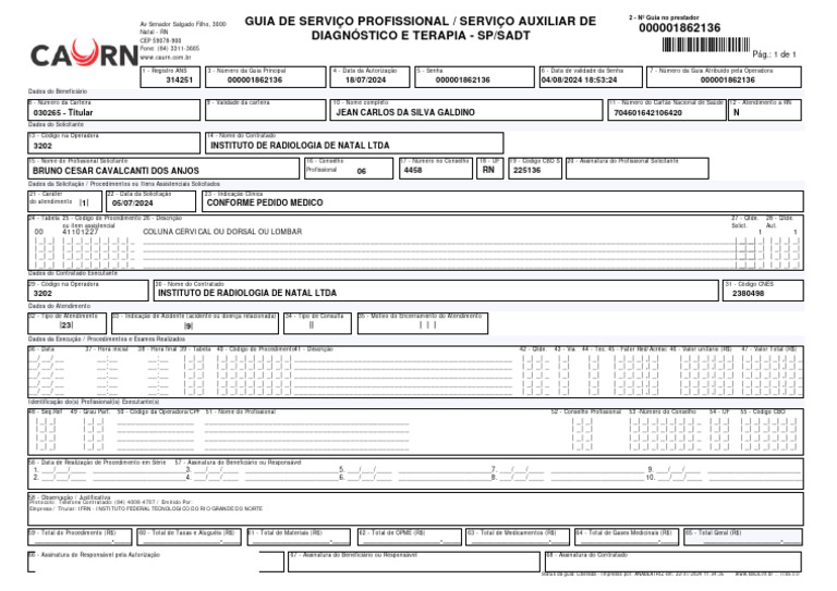 Guia TISS 1862136 Guia SADT Arquivo1 | PDF