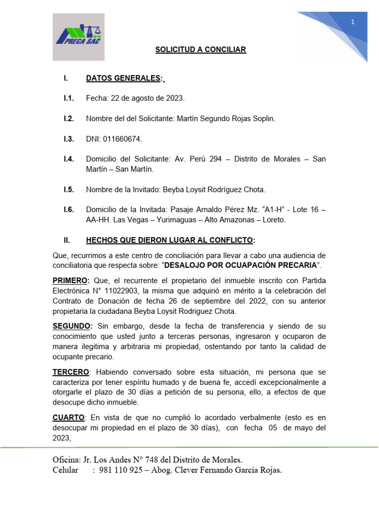 Solicitud A Conciliar Martin Segundo Rojas Soplin | PDF