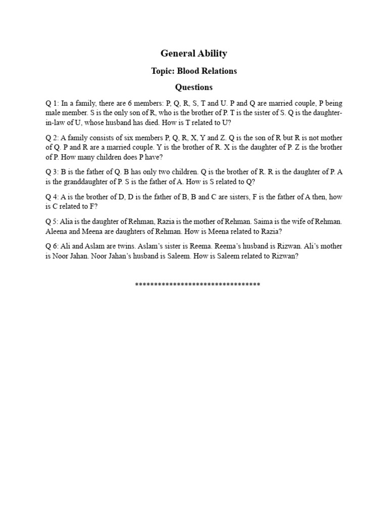 Blood Relations, Questions | PDF