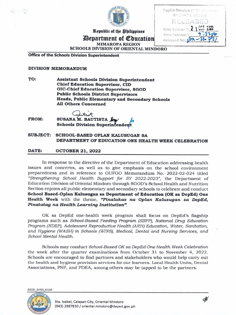 School Based Oplan Kalusugan Sa Department of Education One Health Week ...