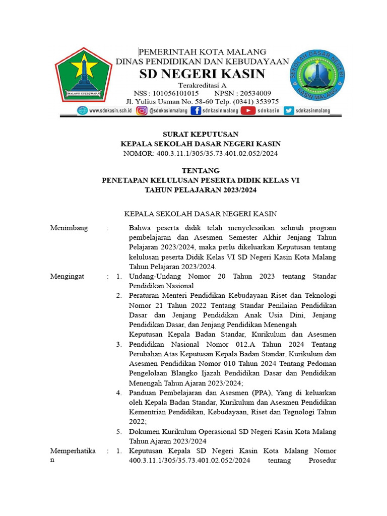 Contoh Revisi SK Penetapan Kelulusan | PDF