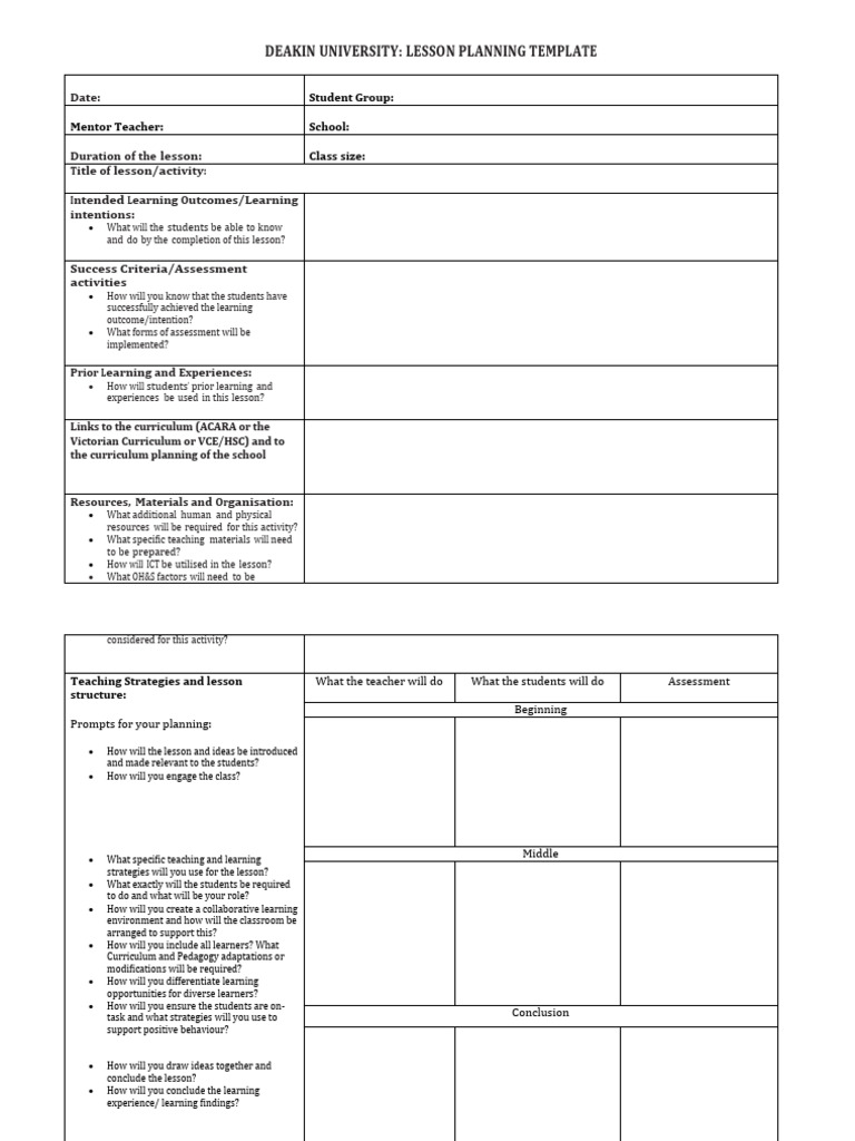 Deakin Planning Template | PDF | Teachers | Learning