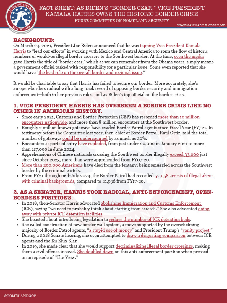 Harris Border Czar Fact Sheet | PDF | U.S. Immigration And Customs ...
