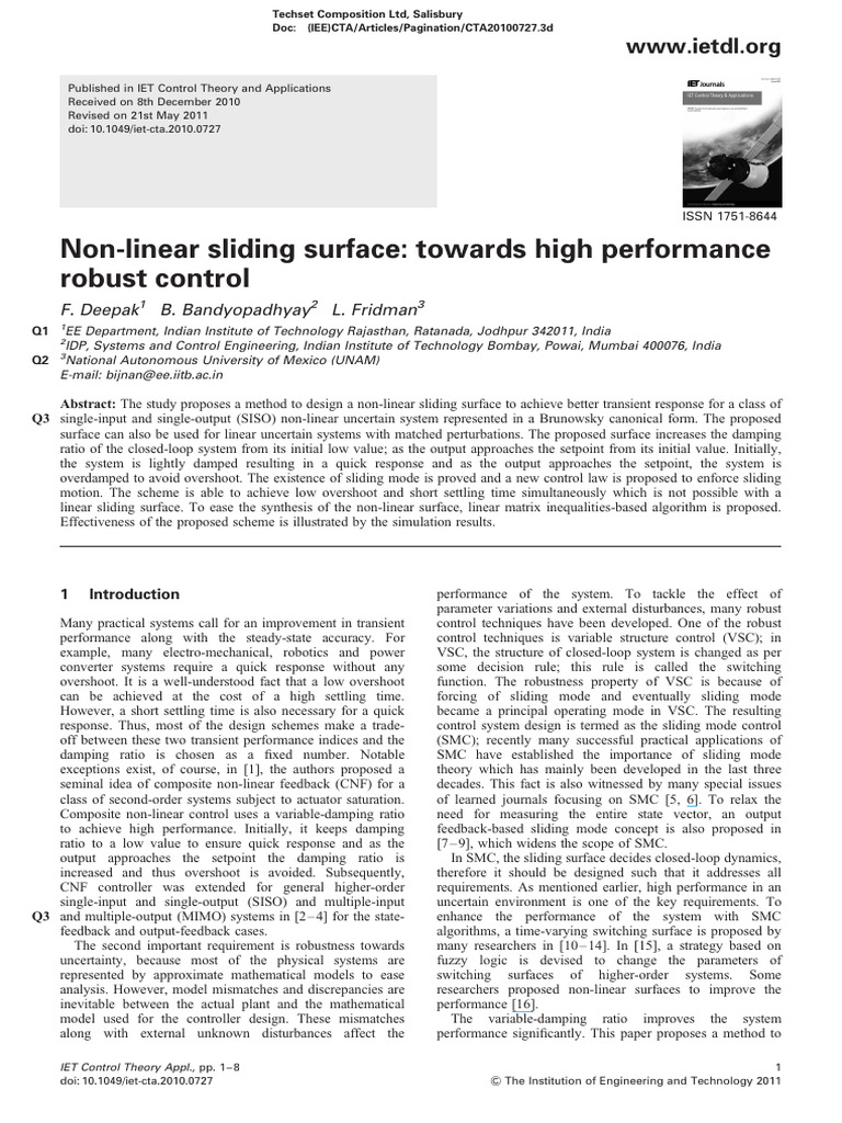 Non Linear Sliding Surface Towards High | PDF | Control Theory ...