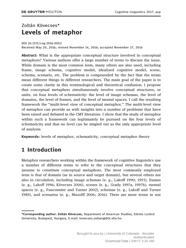 Levels of Metaphor Zoltan Kovecses | PDF | Concept | Metaphor