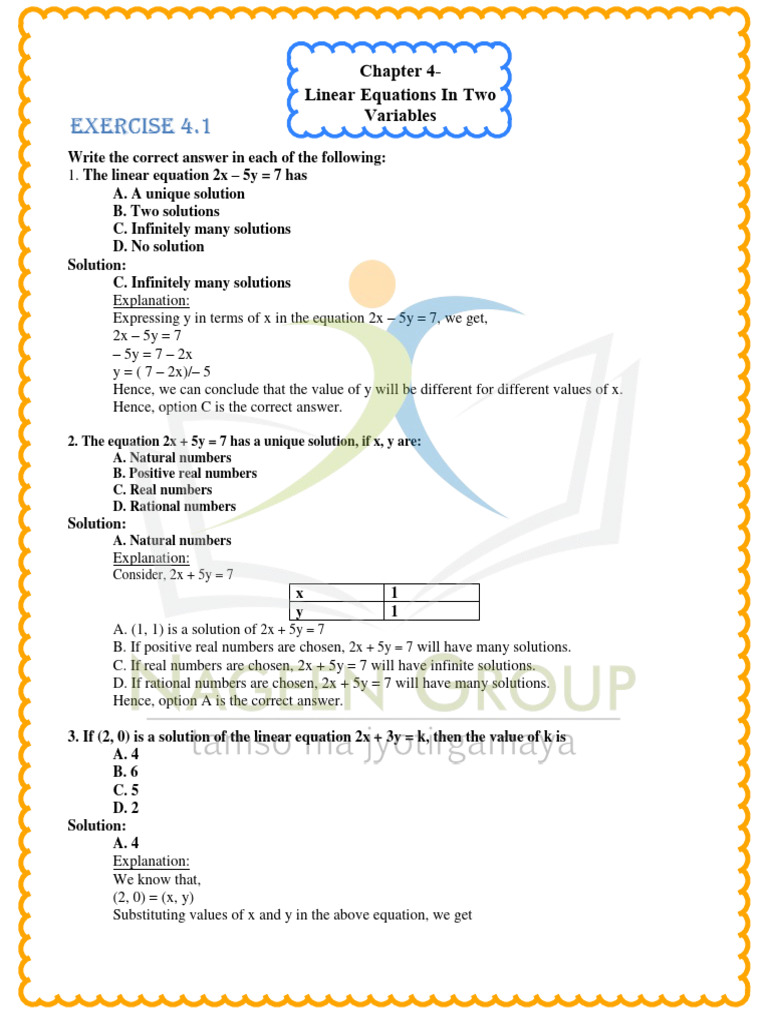 IX Exem Solu - Linear Equations in Two Variables | PDF | Equations ...