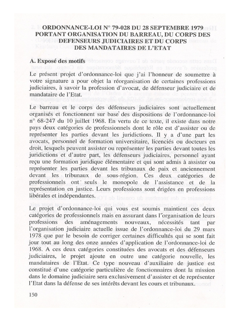 Ordonnance-Loi N° 79-028 Du 28 Sept 1979 Portant Organisation Du Barreau, Du Corps Des ...