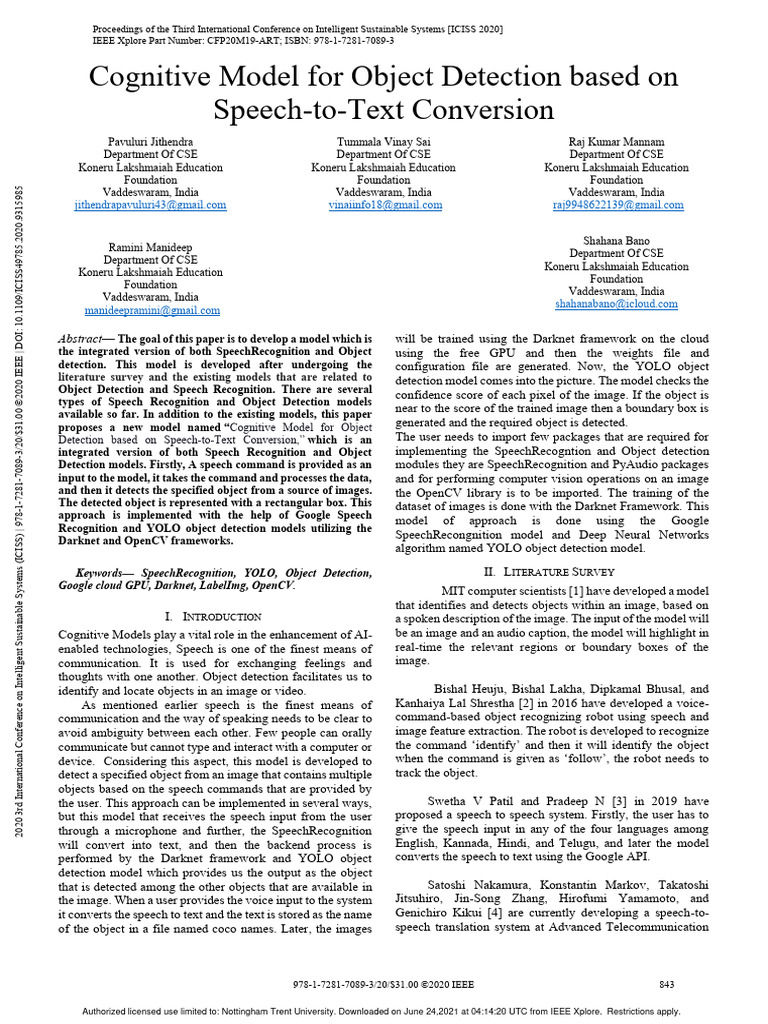 Cognitive Model For Object Detection Based On Speech To Text Conversion