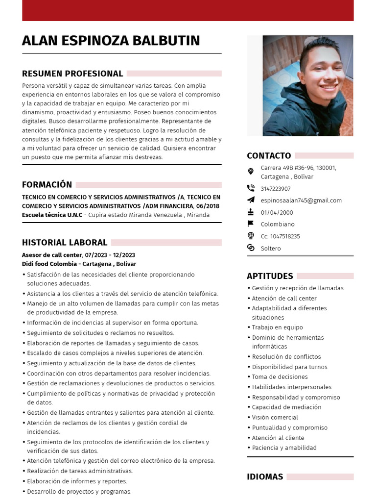 Alan EspinozaBalbutin CV | PDF | Presupuesto | Centro de llamadas