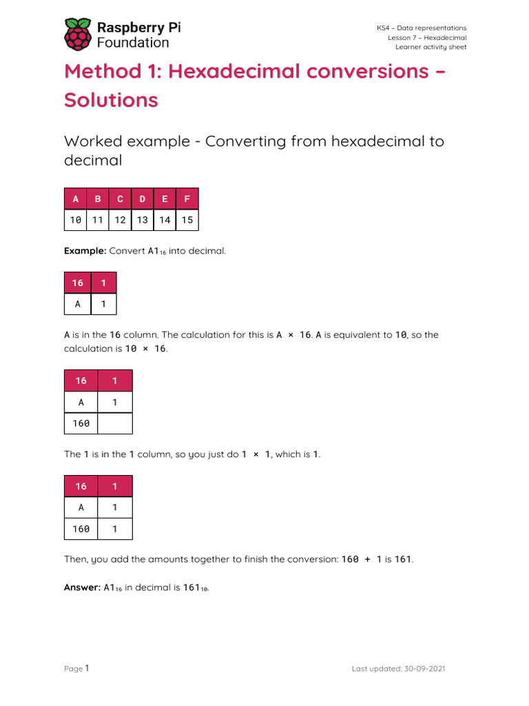 A1 Solutions - Method 1 Hexadecimal Conversions | PDF | Decimal ...