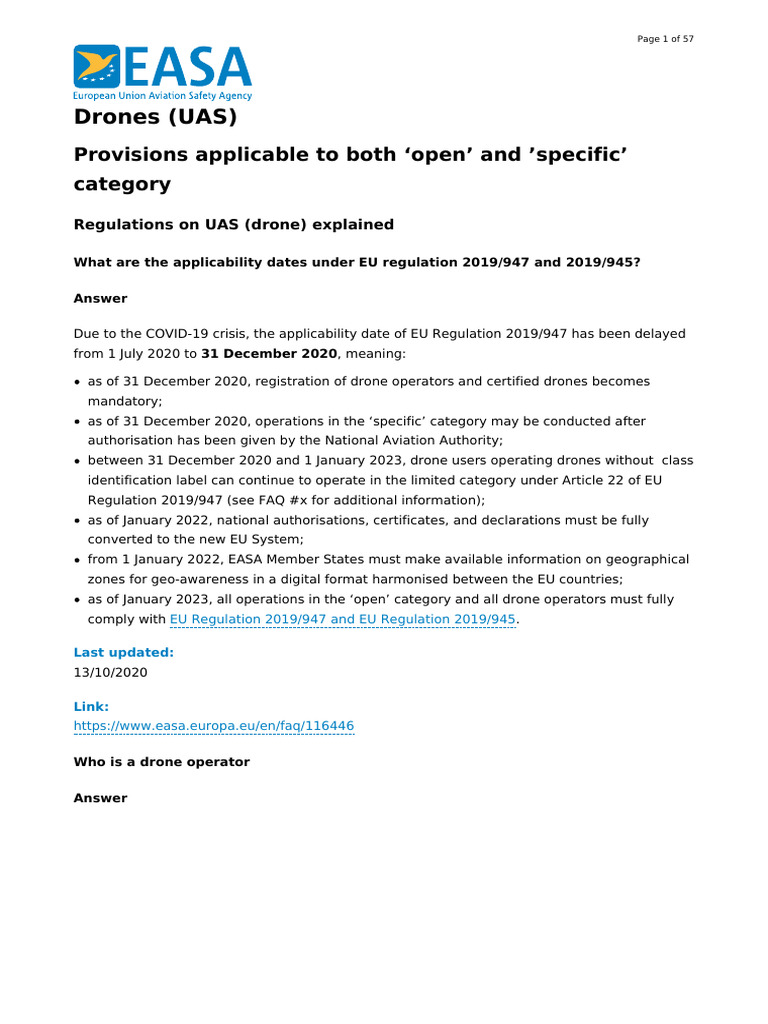 Easa - Drones Uas | PDF | Unmanned Aerial Vehicle | Regulatory Compliance