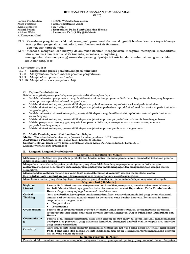 RPP 1 Lembar IPA Kelas 9 k13 Reproduksi Tumbuhan | PDF
