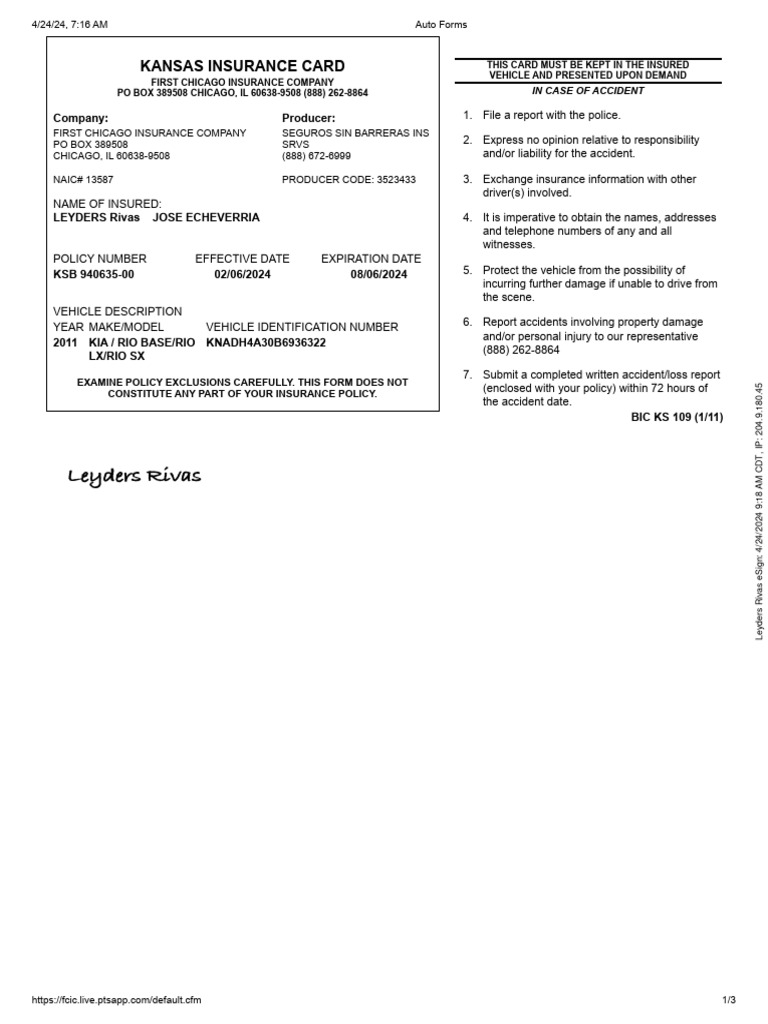 Kansas Auto Insurance Card | PDF | Insurance | Civil Law (Legal System)