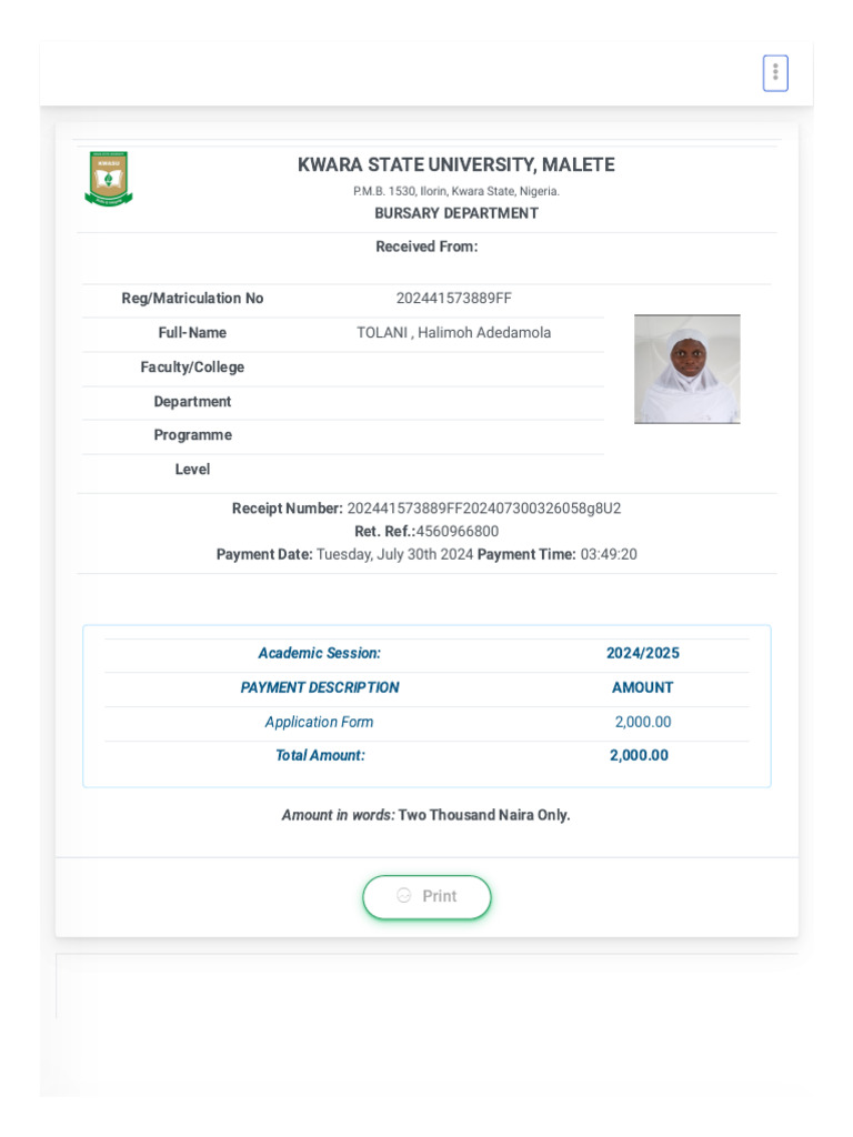 Tolani Form Payment Receipt | PDF