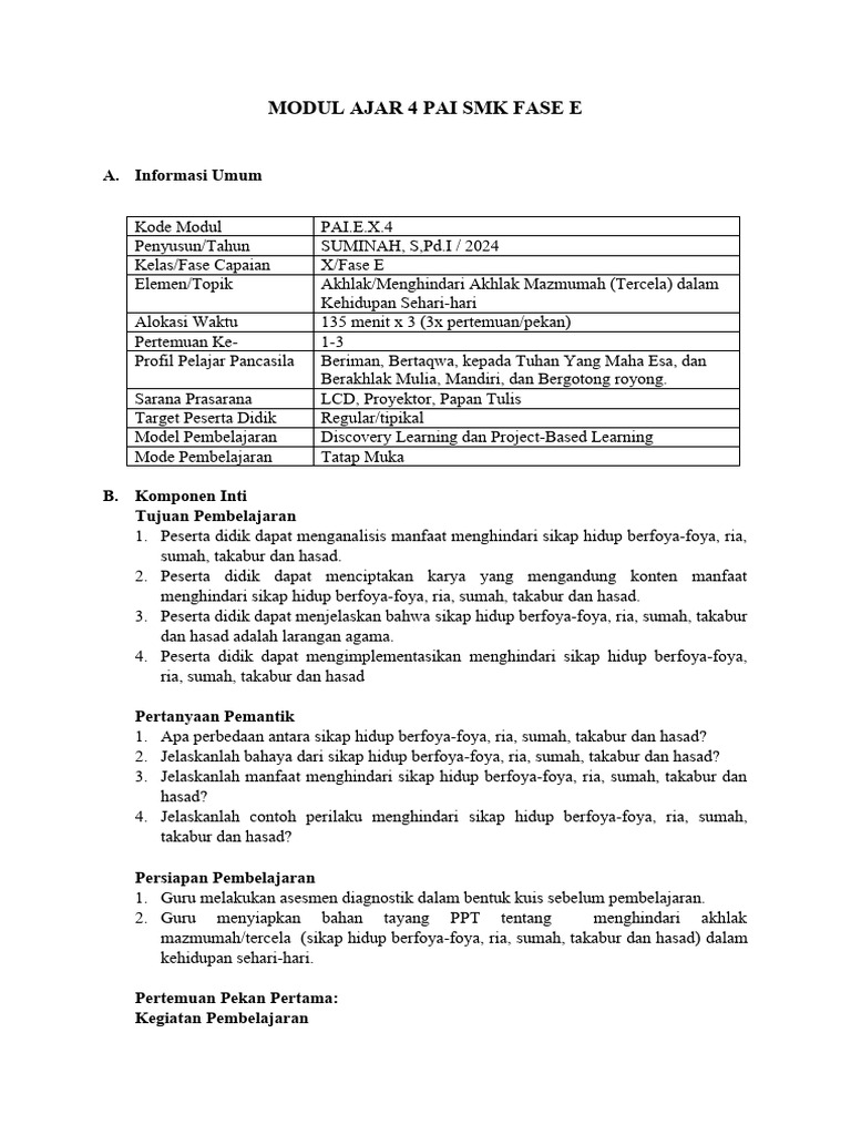 MODUL AJAR 4 PAI SMK KELAS X BAB 4 - Oke-Fin | PDF