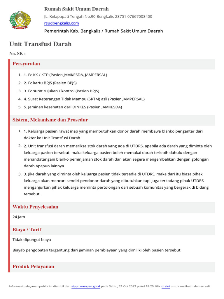 Unduh Standar Pelayanan - Unit Transfusi Darah | PDF