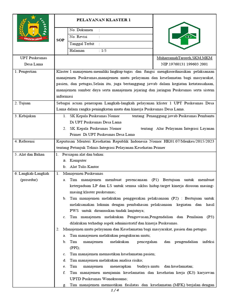 Sop Pelayanan Klaster 1 | PDF