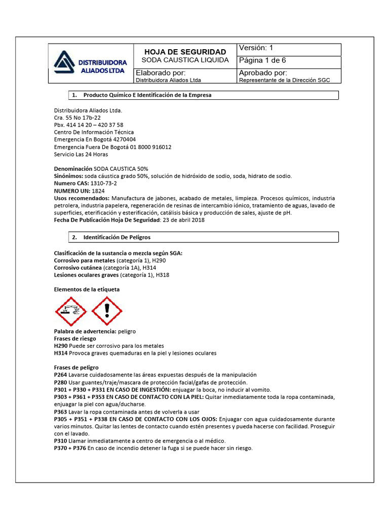 Soda Caustica Liquida Sga 2018 PDF | PDF | Corrosión | Hidróxido de sodio