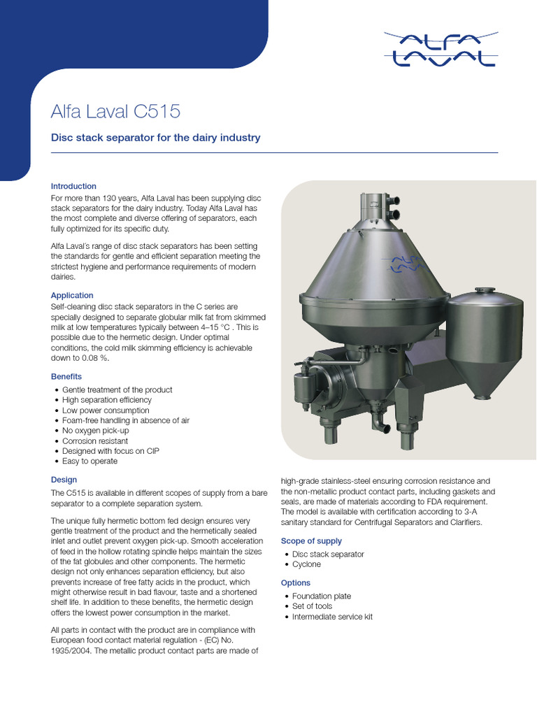 Product Leaflet c515 Separator en | PDF | Milk | Pump