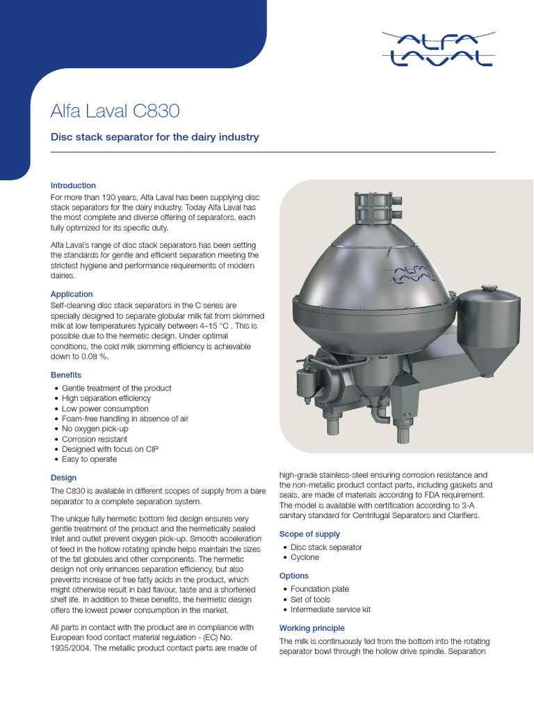 Product Leaflet c830 Separator en | PDF | Milk | Pump