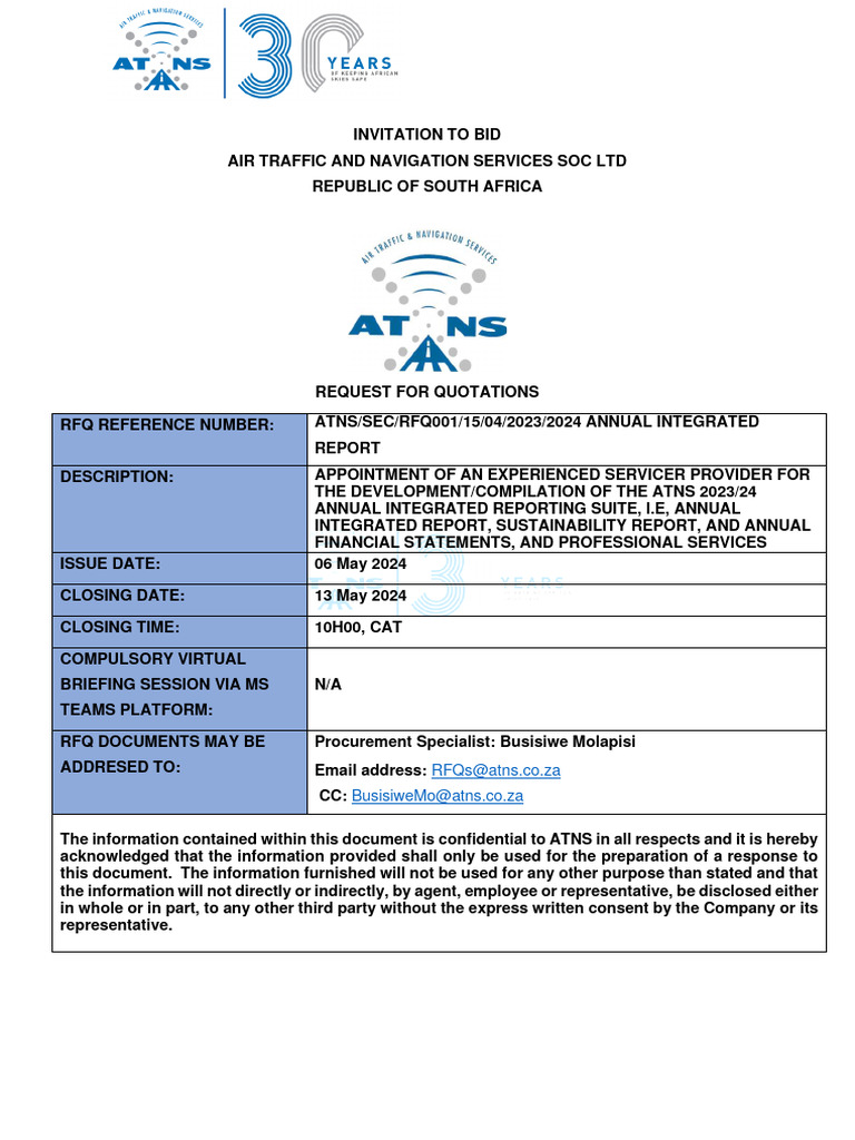 ATNS 2023/24 Annual Report RFQ Invitation | PDF | Business