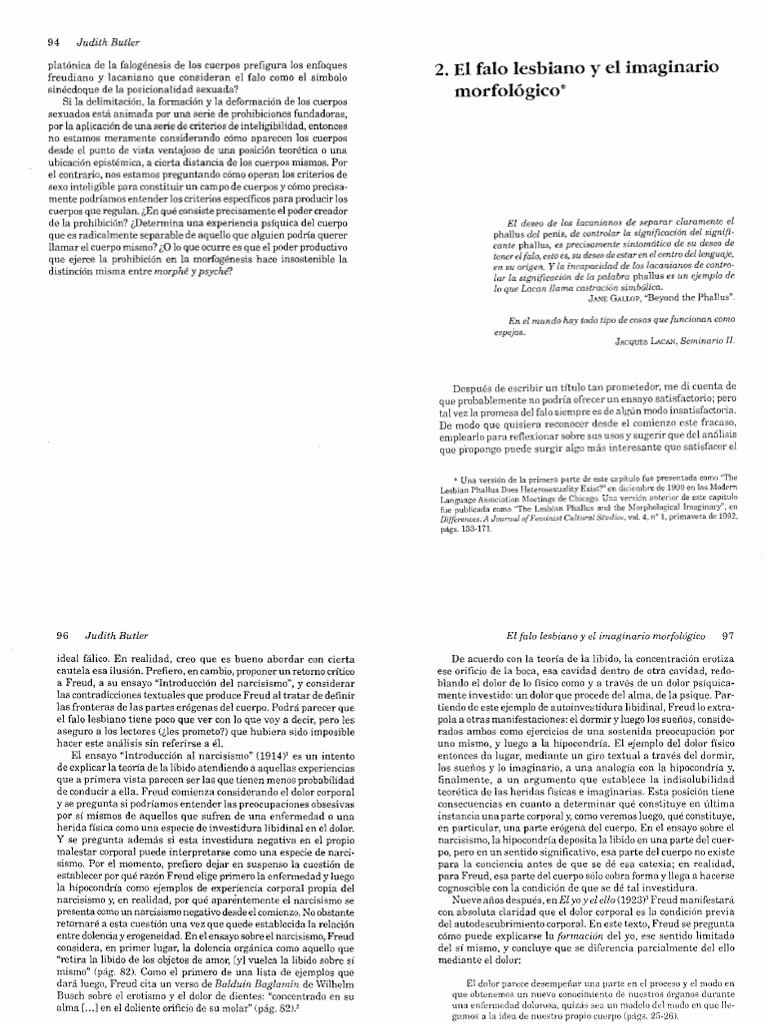 El Falo Lesbiano y El Imaginario Morfológico. Judith Butler | PDF ...