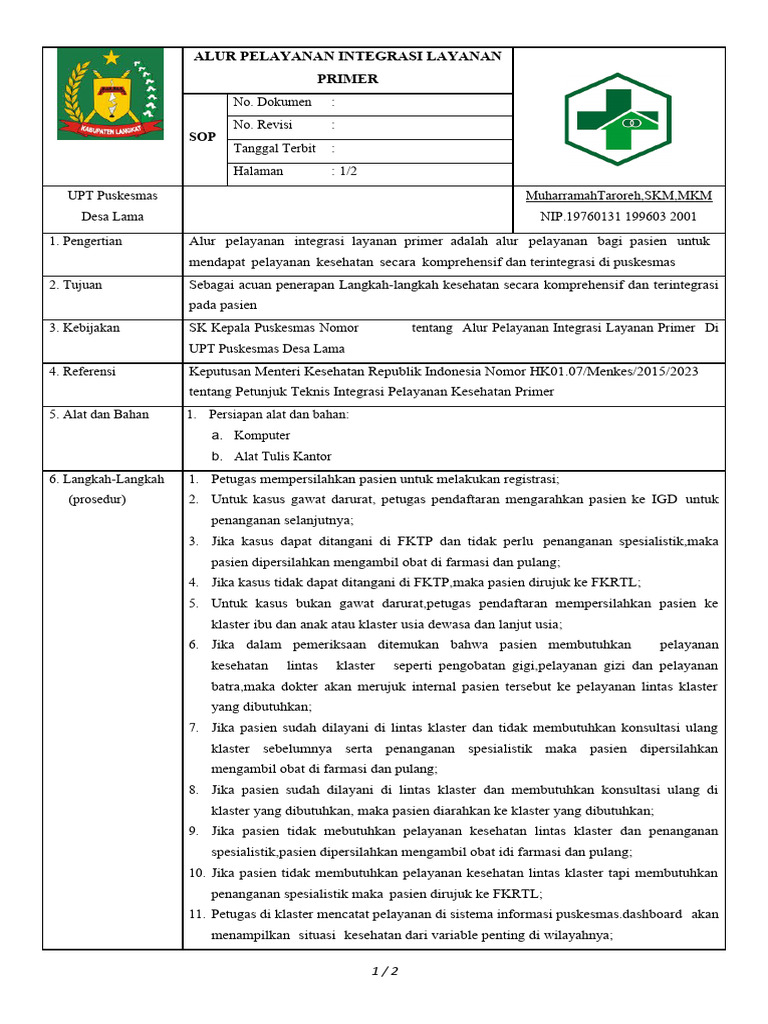 Sop Alur Pelayanan Integrasi Layanan Primer | PDF