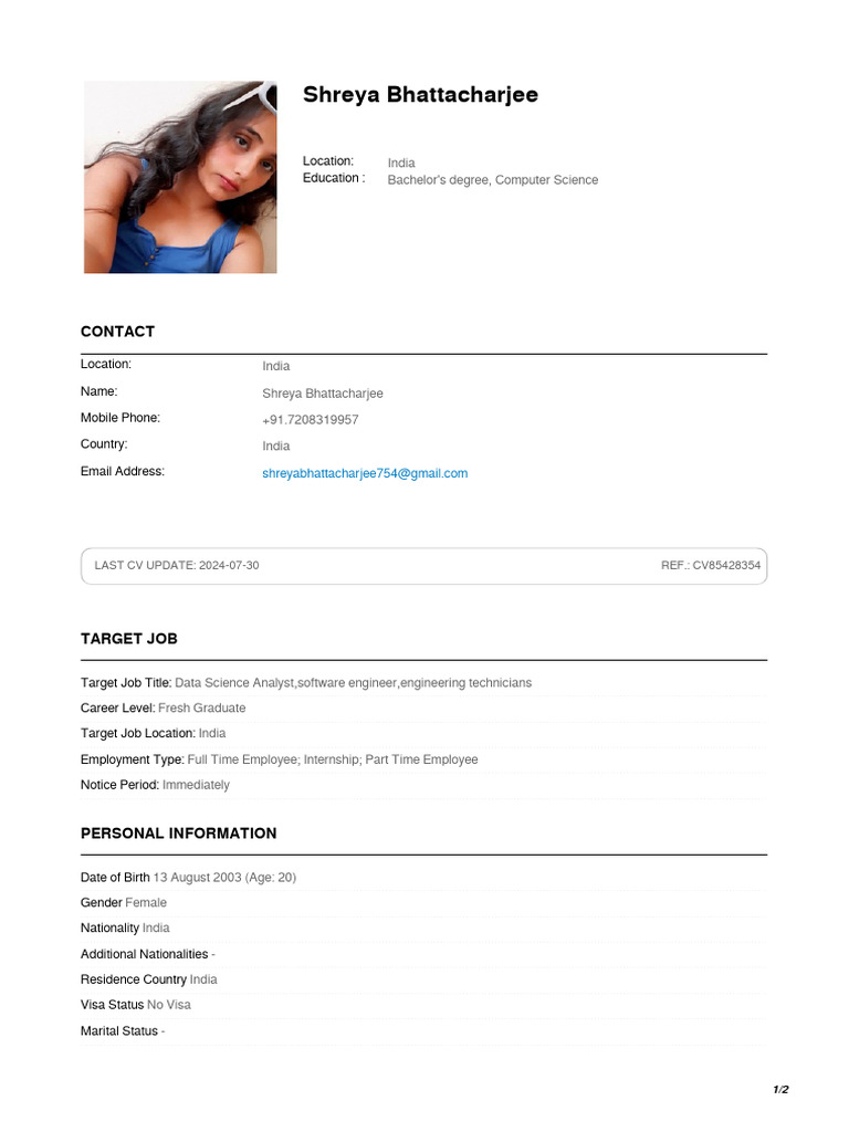 cv85428354 - Shreya Bhattacharjee - Data Science Analystsoftware | PDF
