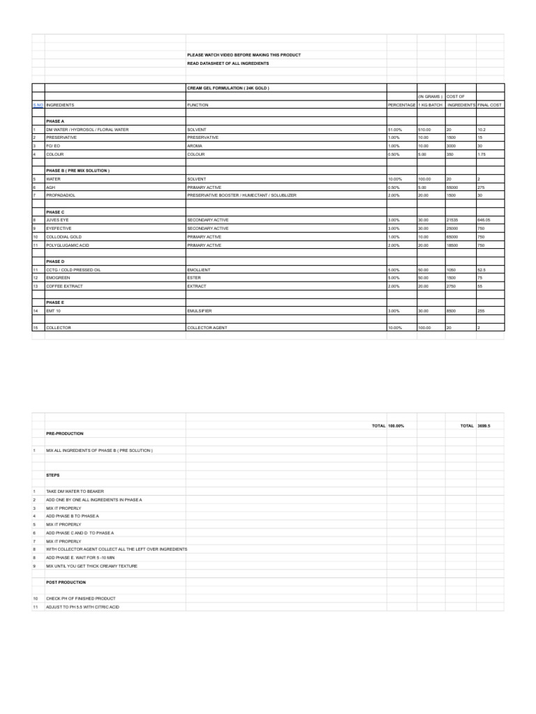 24K Gold Cream Gel Formulation | PDF | Chemistry | Chemical Substances