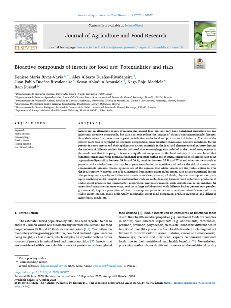 Bioactive Compounds of Insects For Food Use. Potentialities and Risks ...