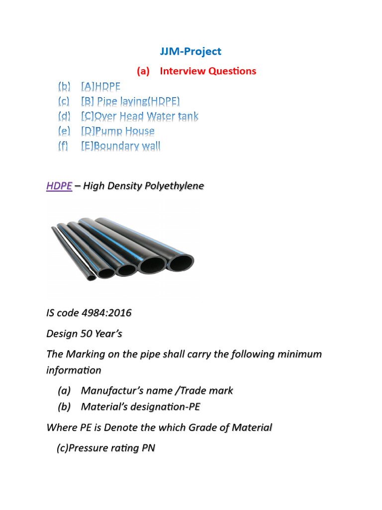 JJM Project Interview Question | PDF | Concrete | Pipe (Fluid Conveyance)