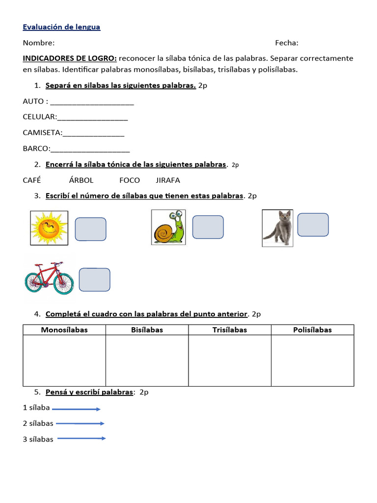 Evaluación de Lengua Silabas | PDF