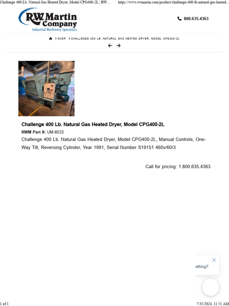 L-24 Dryer - Challenge 400 Lb. Natural Gas Heated Dryer, Model CPG400 ...