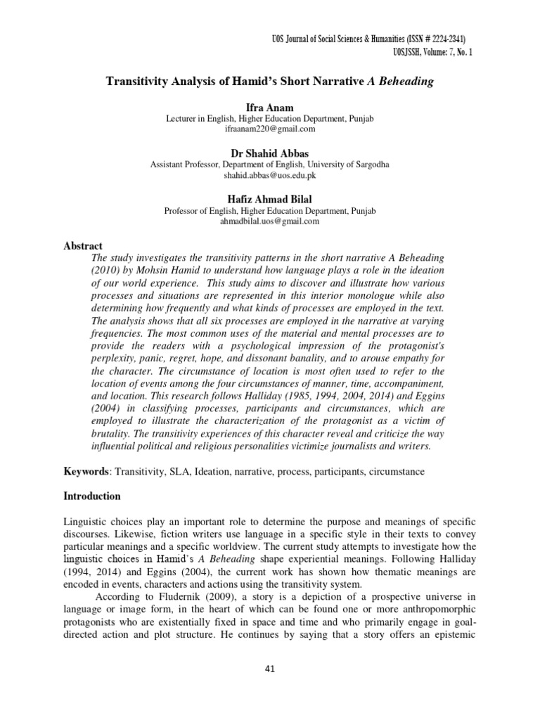 Transitivity Analysis of Hamids Short Na | PDF | Cognitive Science ...