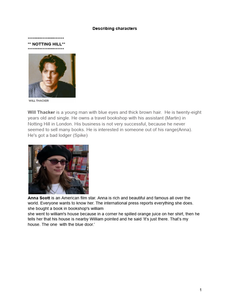 Describing Characters Notting Hill | PDF