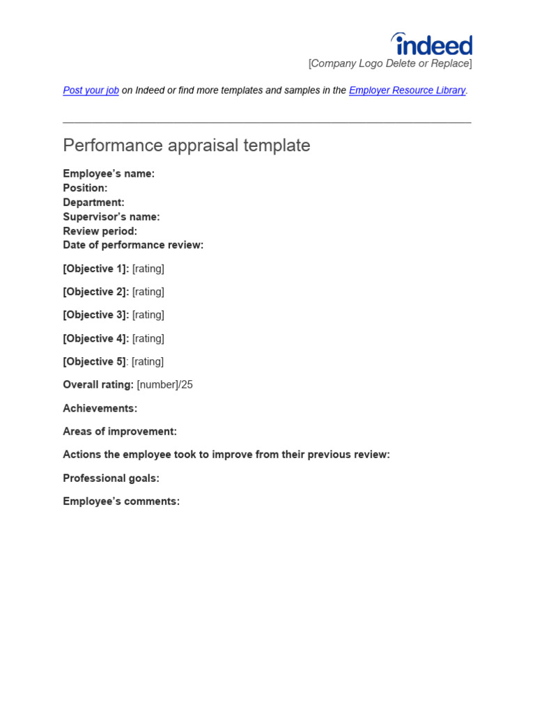 Performance Appraisal Form Template - Indeed | PDF | Performance ...