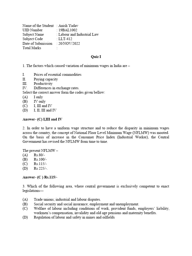 Quiz Labour and Industrial Law | PDF | Economies | Labor