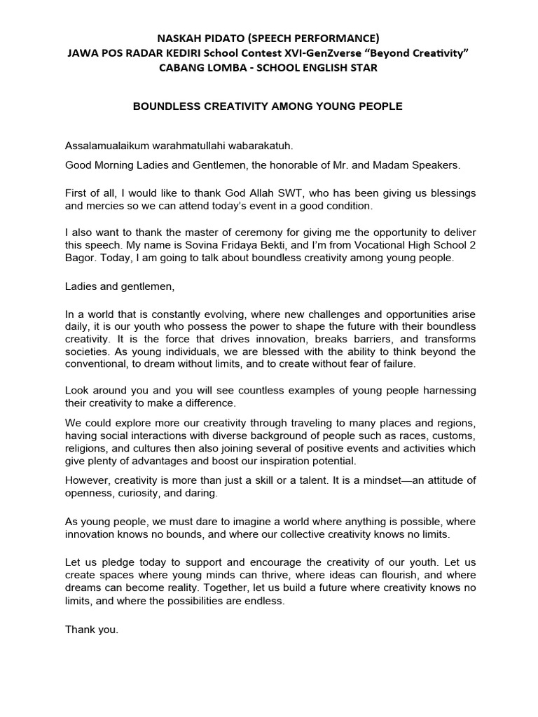 Teks Speech - Boundless Creativity Among Young People | PDF | Wellness