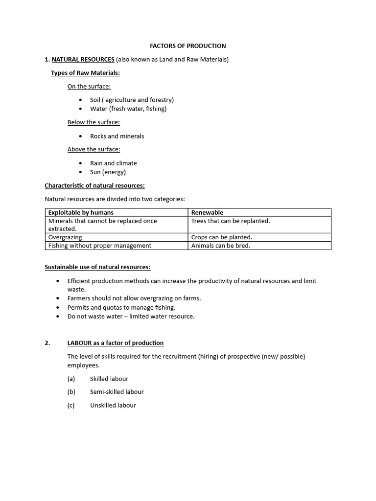 Factors of Production Notes | PDF | Capital (Economics) | Labour Economics