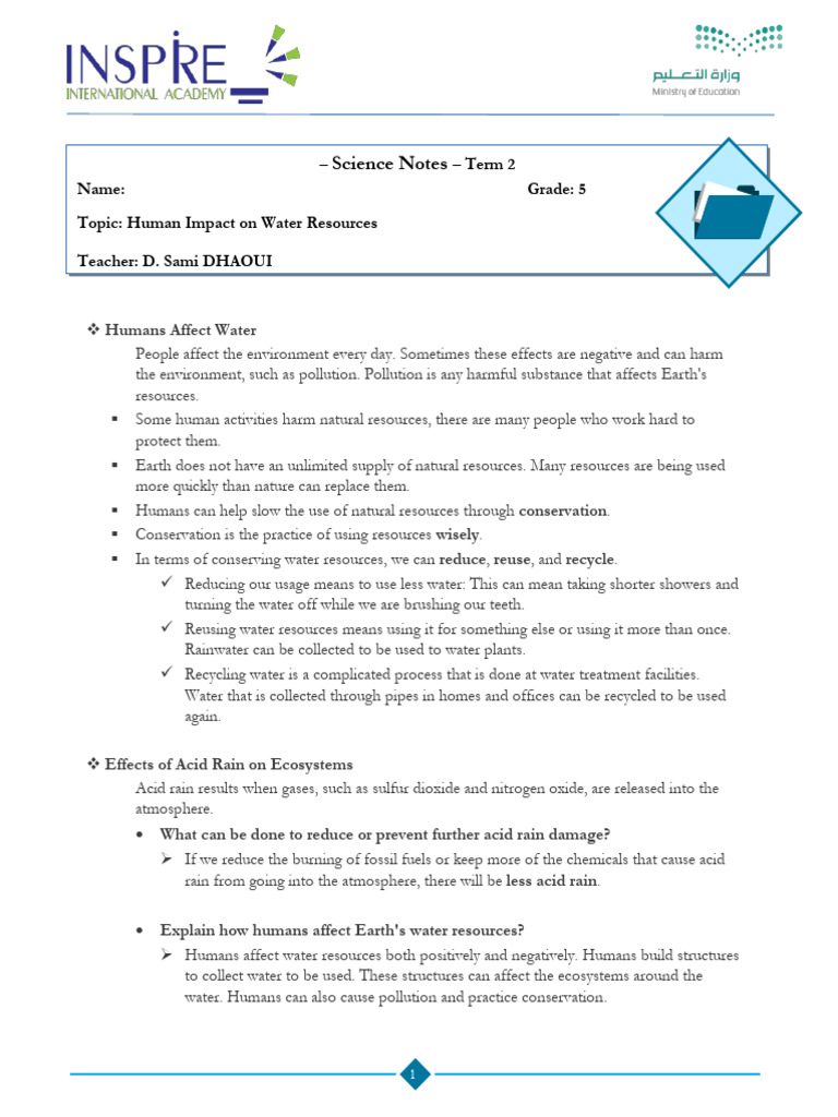 Science Notes - Human Impact On Water Resources - Grade 5 | PDF