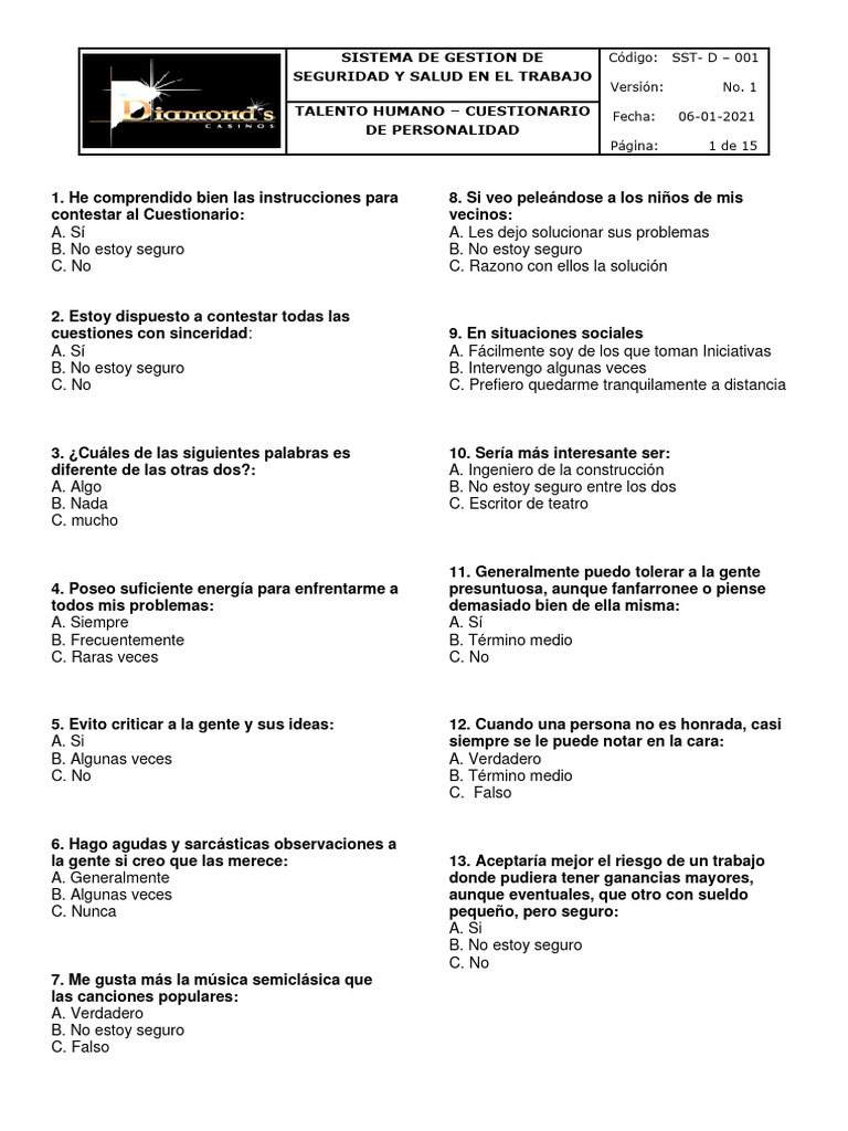Cuestionario de Personalidad (Cuadernillo de Preguntas) | PDF