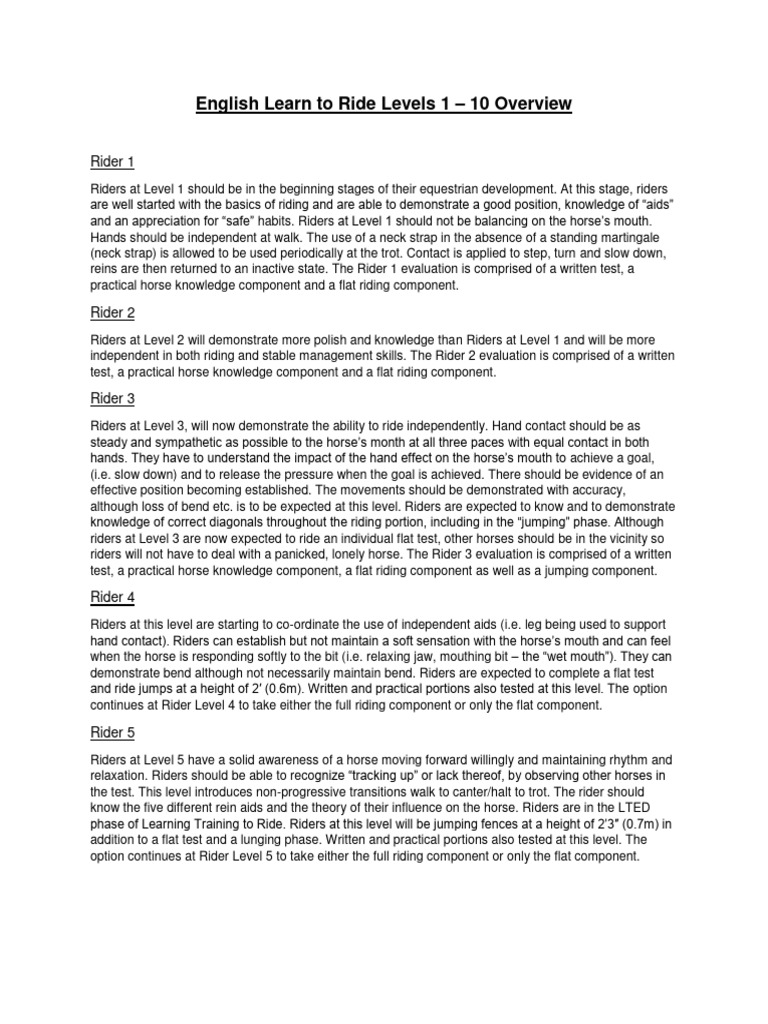 English Levels 1 10 Overview 2016 1 | PDF | Equestrianism | Horse Gait