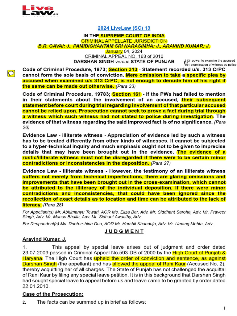 Darshan Singh Vs State of Punjab - January | PDF | Burden Of Proof (Law ...