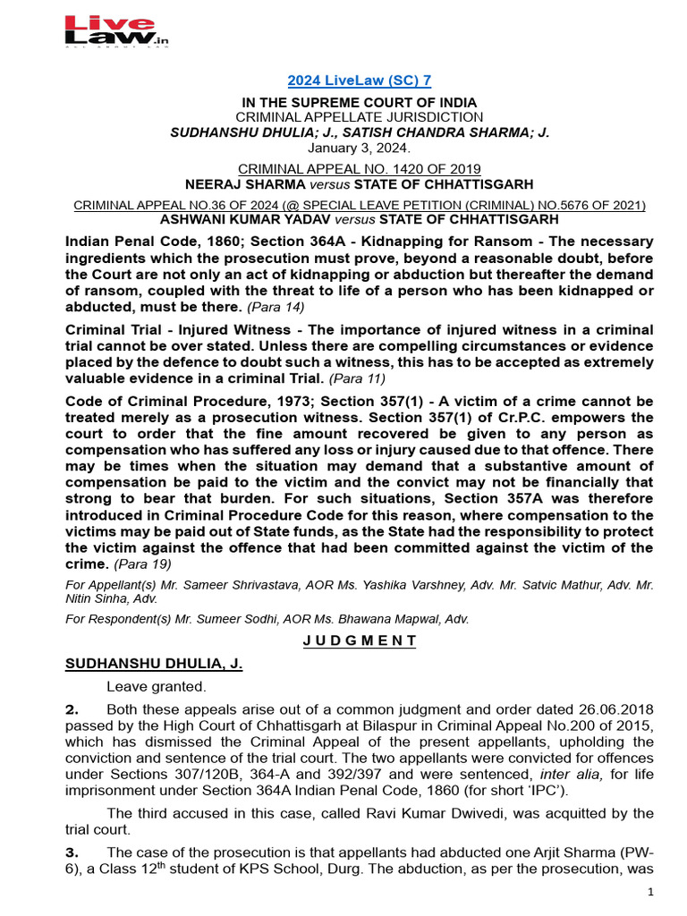 Neeraj Sharma-V-State of Chhattisgarh - January 2024 | PDF | Kidnapping ...
