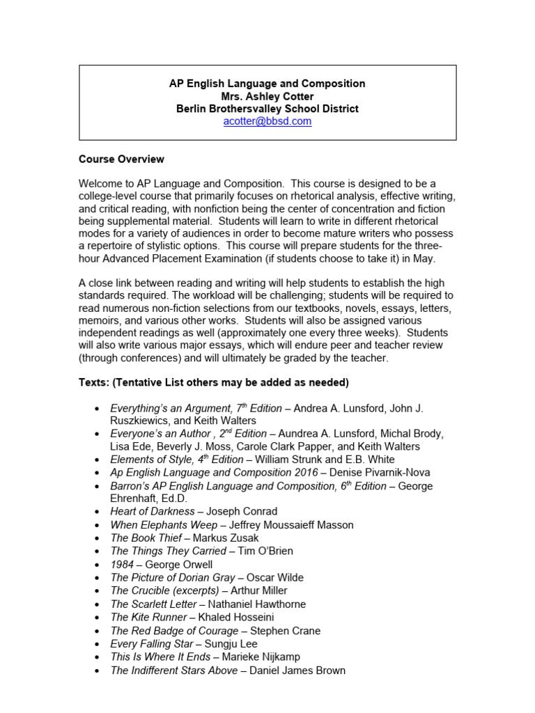 AP Lang and Comp 22-23 Syllabus | PDF | Essays | Rhetoric