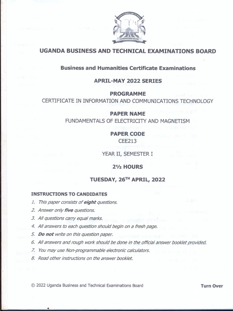 UBTEB PAST PAPER CEE213 Fundamentals of Electricity and Magnetism0001 ...