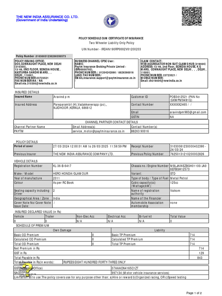 TW Niapolicyschedulecirtificatetw 400422 | PDF | Insurance | Vehicle ...
