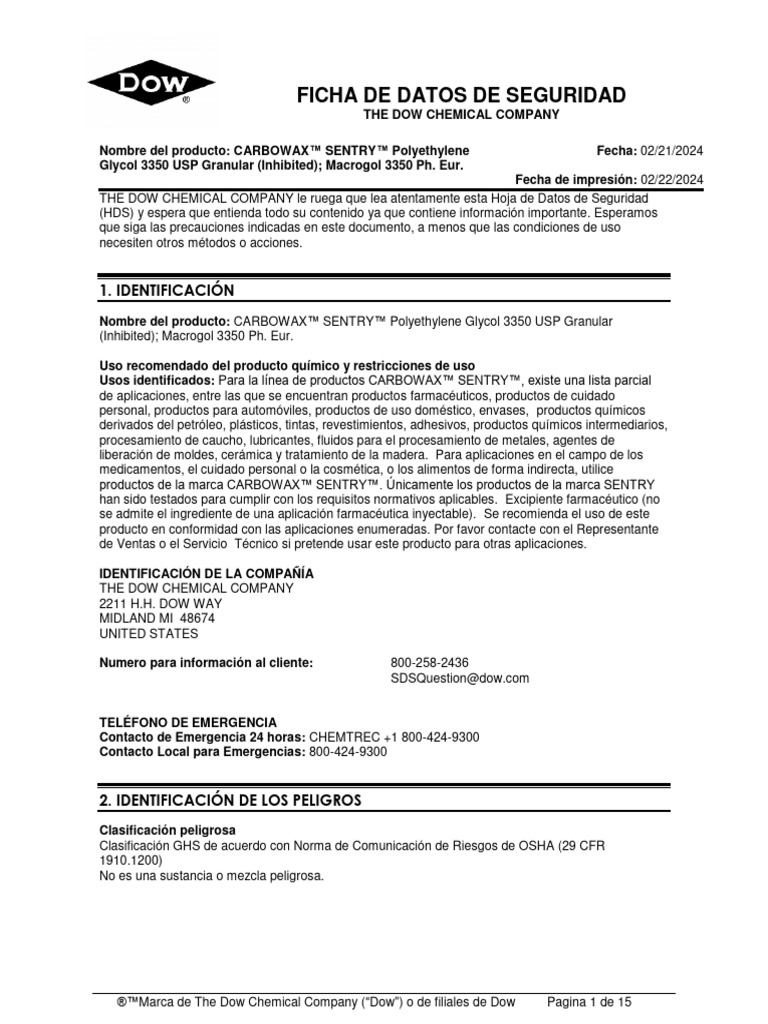 CARBOWAX SENTRY Polyethylene Glycol 3350 USP Granular (Inhibited ...