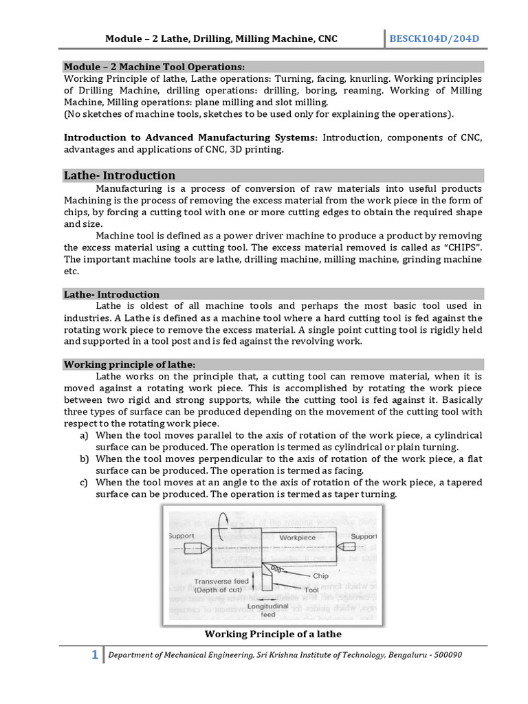 Module 2 Lathe, Drilling, Milling Machine, CNC and 3D Printing Student | PDF | 3 D Printing ...