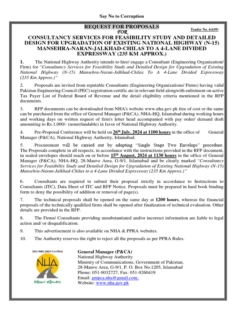 WWW - Nha.gov - PK: Tender No. 6 | PDF | Request For Proposal